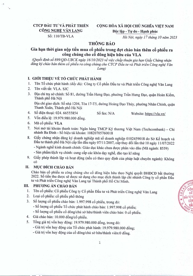 CTCP Đầu tư và Phát triển Công nghệ Văn Lang (VLA) thông báo gia hạn ...